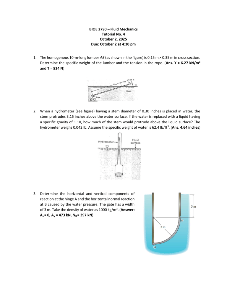 BIOE 2790 Fluid Mechanics Tutorial 4