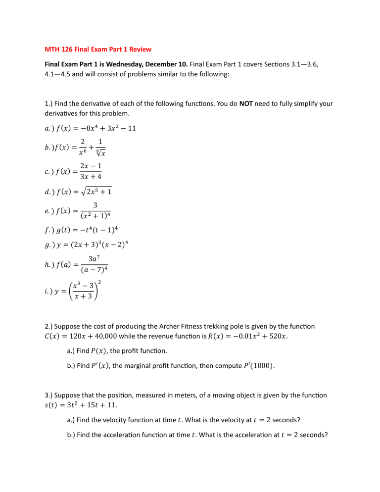 MTH 126 Calculus Final Exam Review Part 1