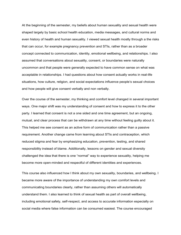 Human Sexuality Reflection: Consent, Health, and Relationships