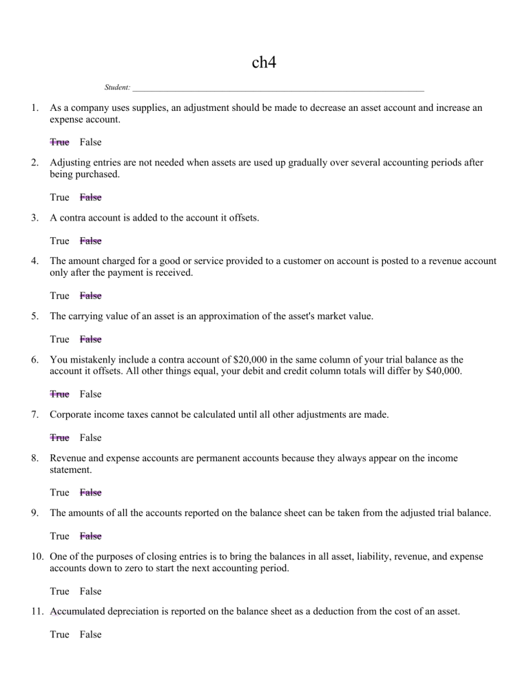 Chapter 4 Accounting Exam Key: Adjusting Entries and Financial Statements