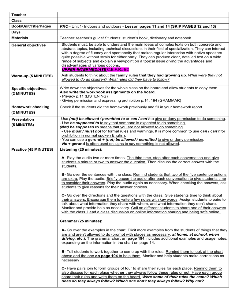 PRO B2 English Teacher's Guide Units 1-2