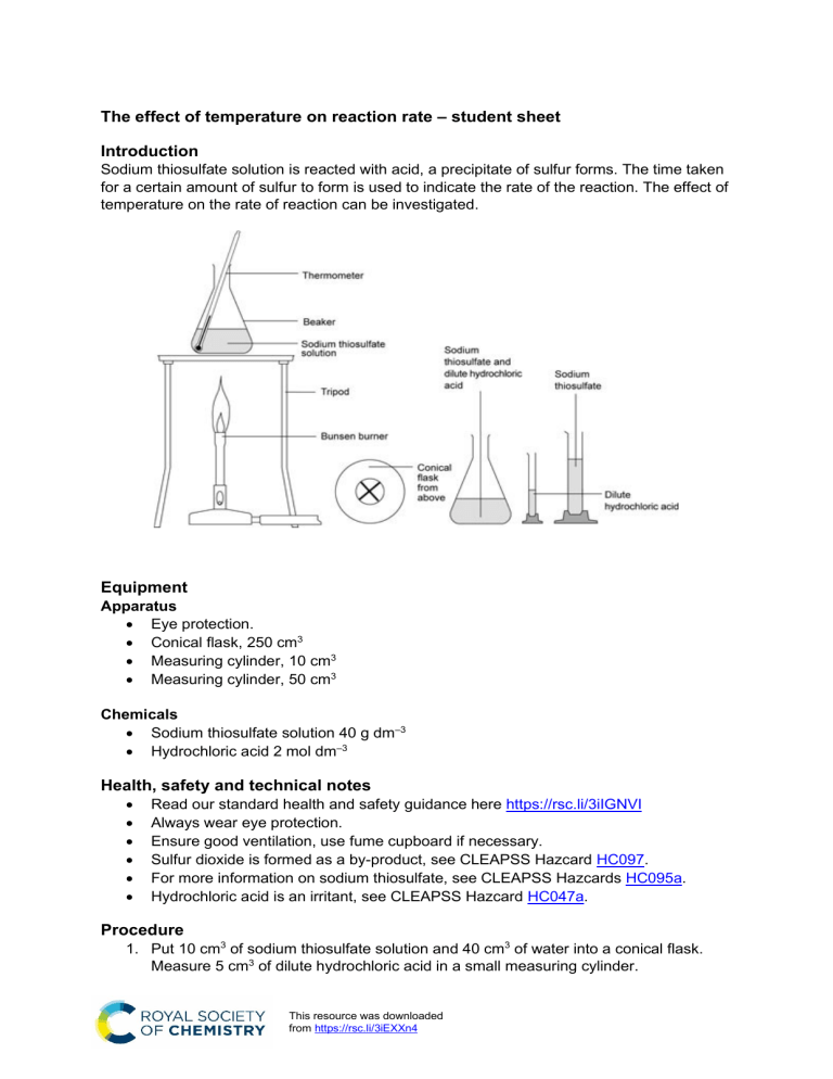 Effect of Temperature on Reaction Rate Student Lab Sheet