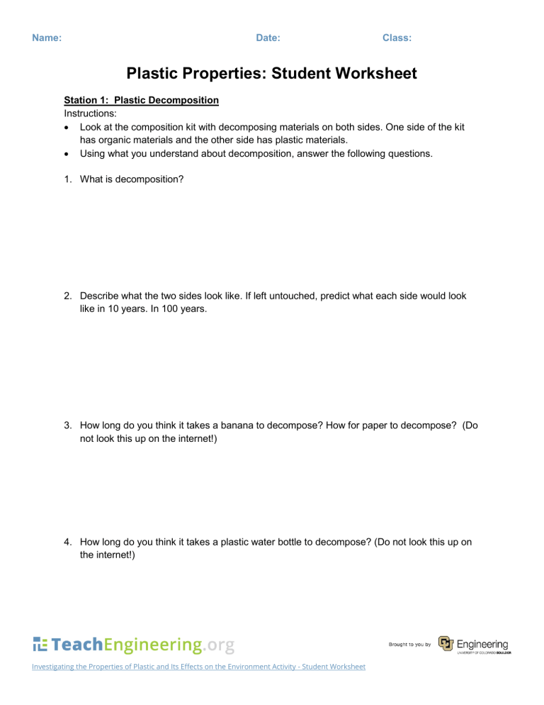 Plastic Properties Student Worksheet