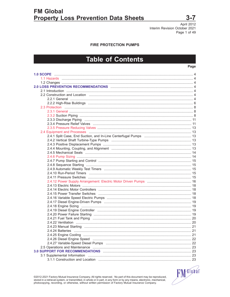 FM Global Data Sheet 3-7: Fire Protection Pumps (2021)