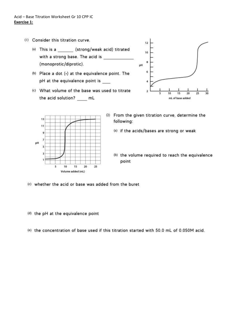 Acid-Base Titration Worksheet Grade 10 Chemistry
