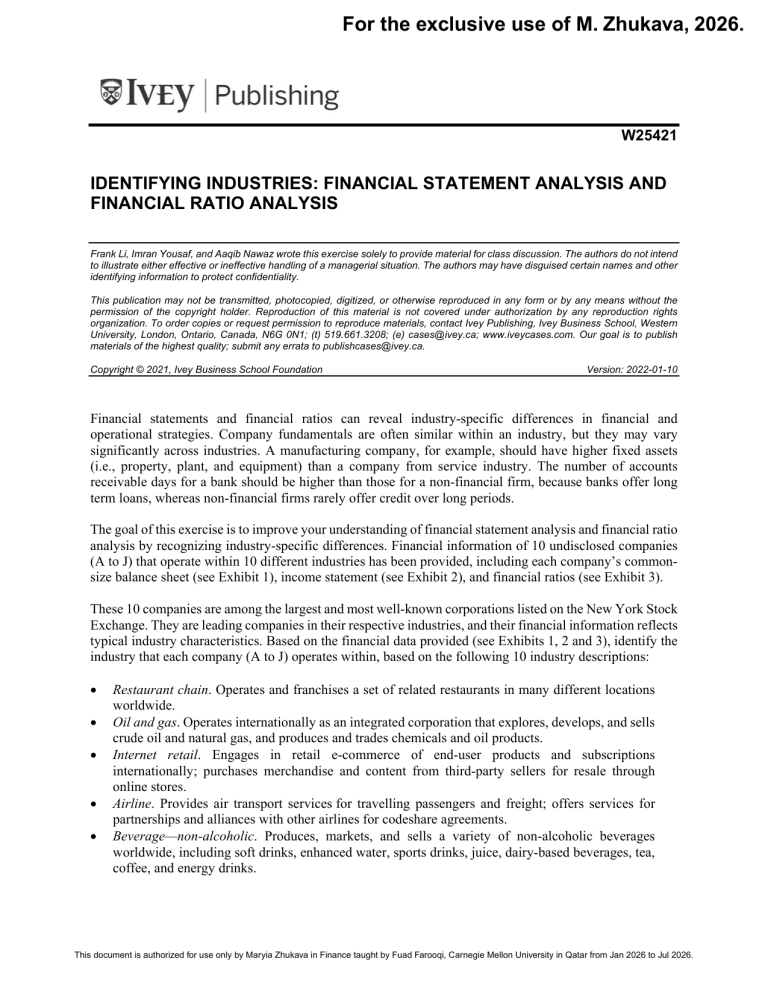 Financial Statement Analysis Case Study: Industry Identification