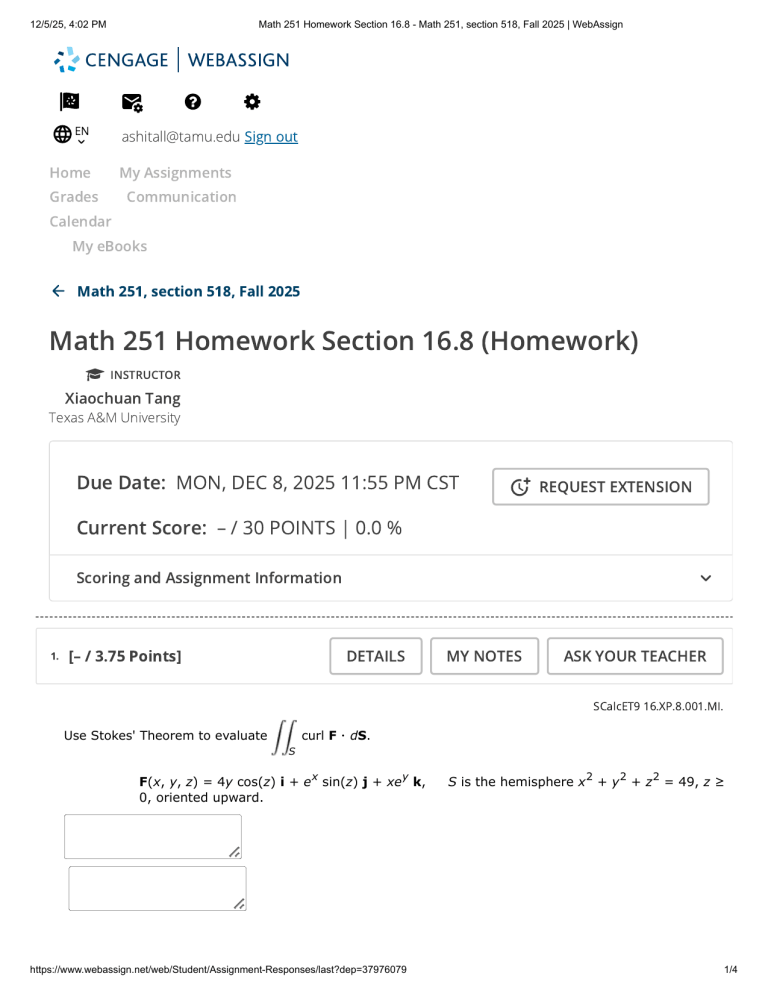 Math 251 Homework: Stokes' Theorem Assignment