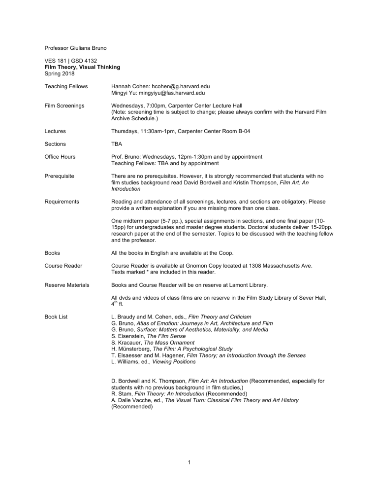 Harvard Film Theory Visual Thinking Syllabus 2018