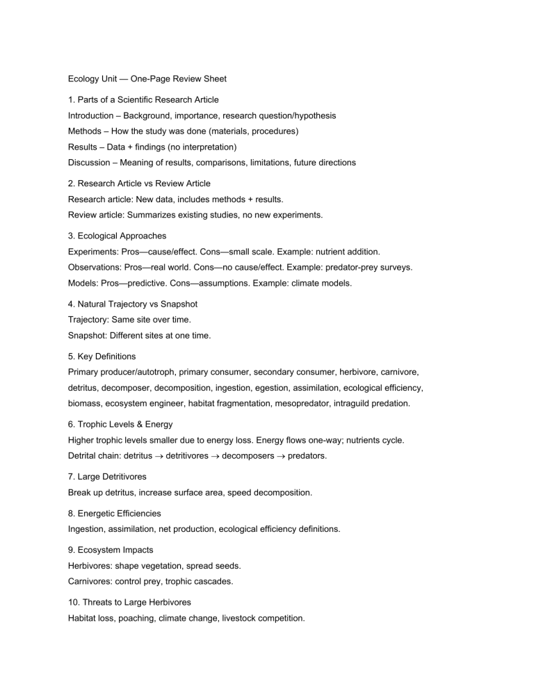 Ecology Unit One-Page Review Sheet