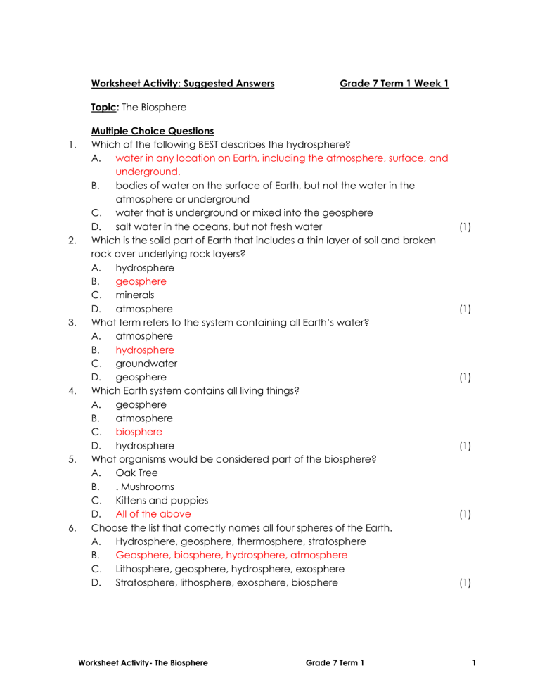 Grade 7 Biosphere Worksheet: Earth's Spheres & Ecosystems