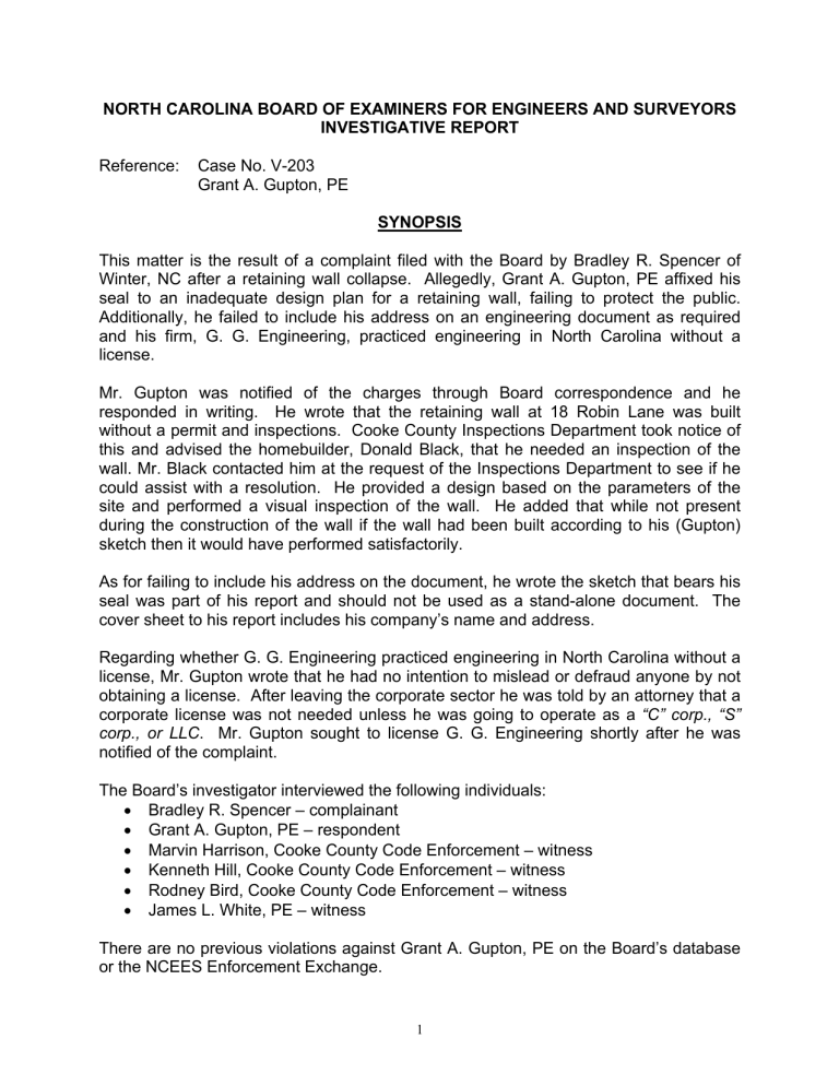 North Carolina Engineering Investigation: Retaining Wall Collapse