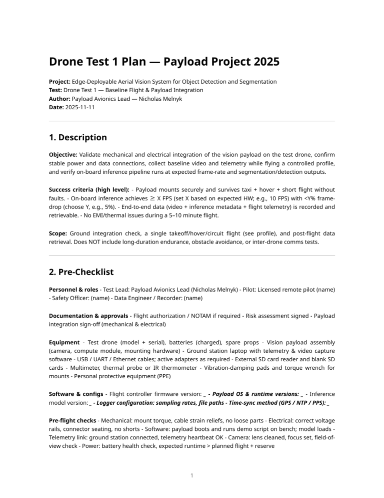 Drone Test 1 Plan: Baseline Flight & Payload Integration