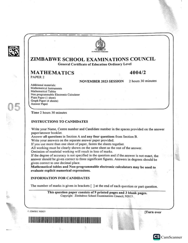 ZIMSEC O Level Maths Paper 2 Nov 2023