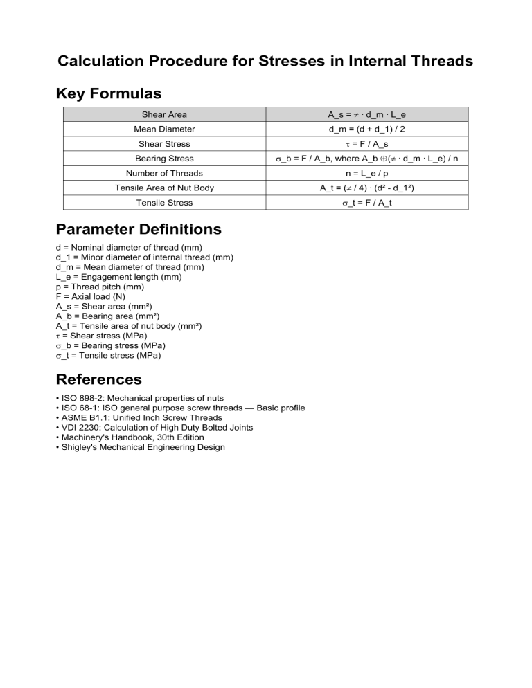internal thread stress formula sheet