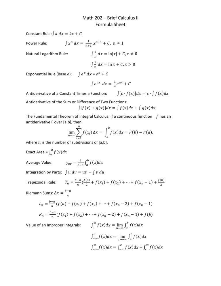 Math 202 Brief Calculus II Formula Sheet
