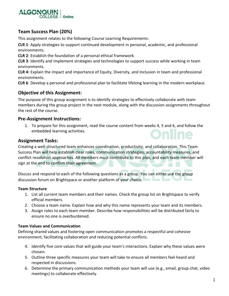 Team Success Plan Assignment - Algonquin College