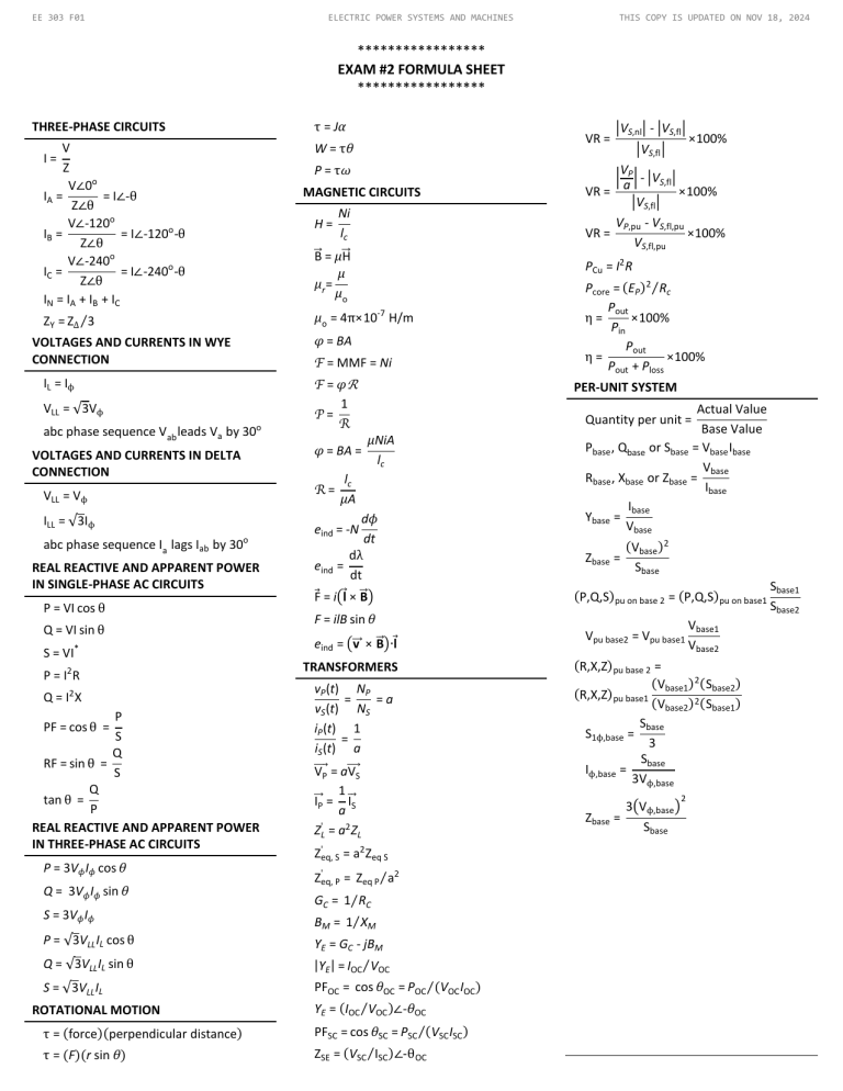 EE 303 Power Systems Formula Sheet
