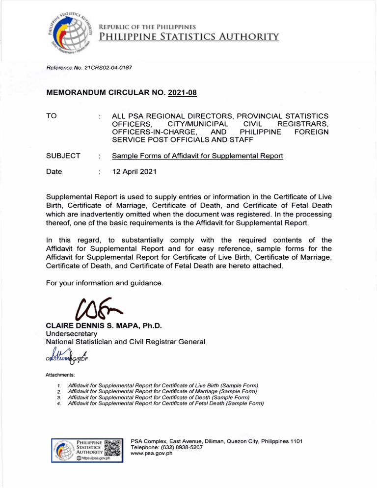 PSA Memorandum Circular 2021-08: Supplemental Report Affidavit Forms