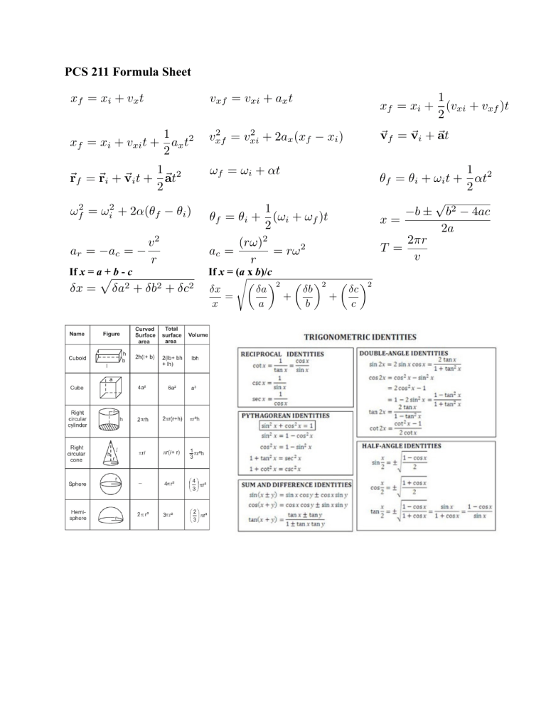 PCS 211 Physics Formula Sheet: Kinematics and Calculus
