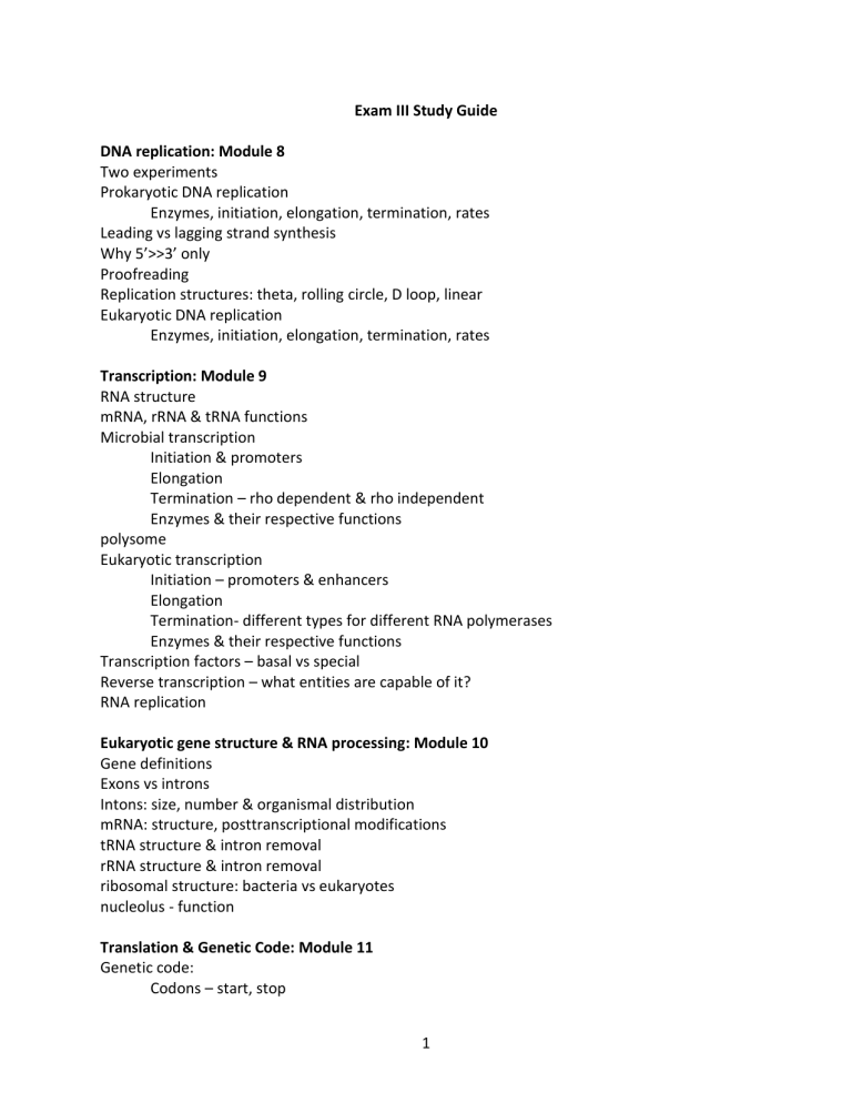 Molecular Genetics Exam III Study Guide