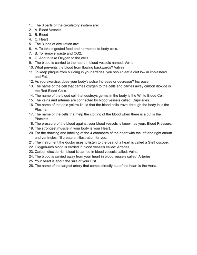 Circulatory System Study Guide: Heart, Blood Vessels, and Functions