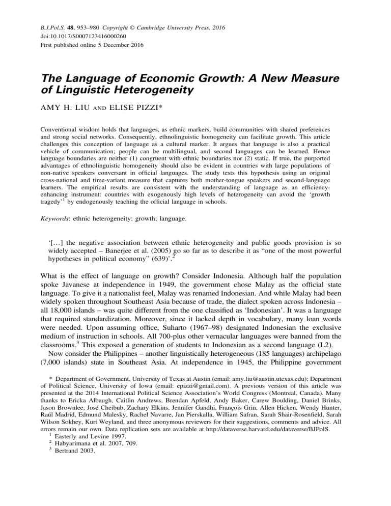 Language and Economic Growth: A New Measure of Linguistic Heterogeneity