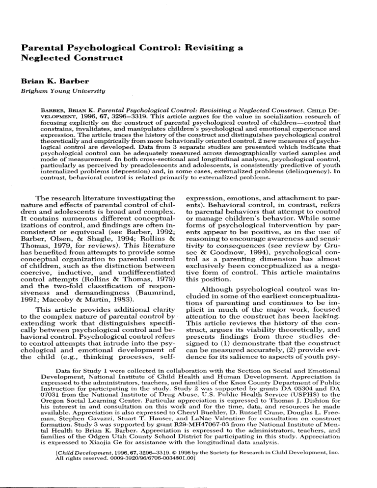 Parental Psychological Control: Revisiting a Neglected Construct