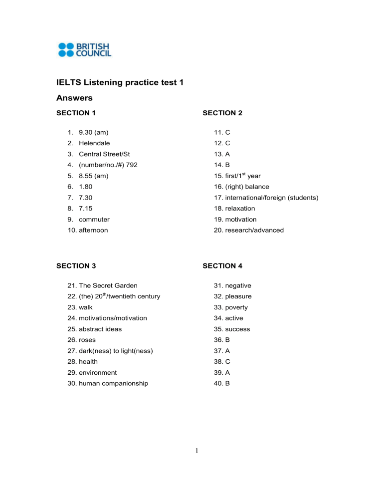 IELTS Listening Practice Test 1 Answers