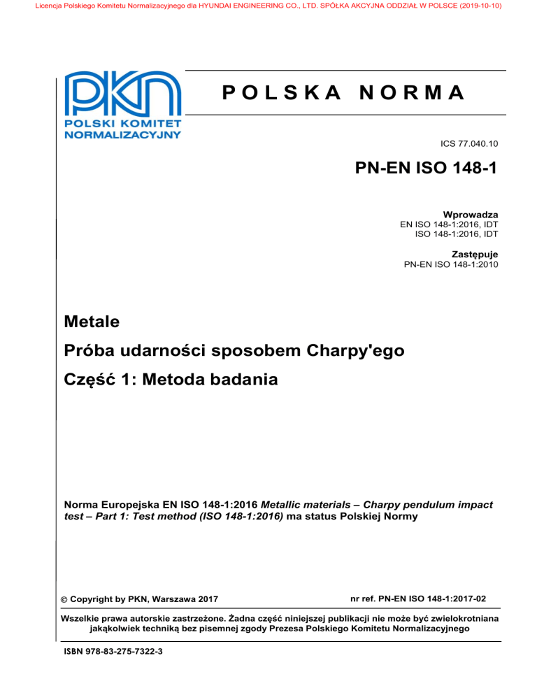 PN-EN ISO 148-1:2017-02 Metallic Materials Charpy Impact Test