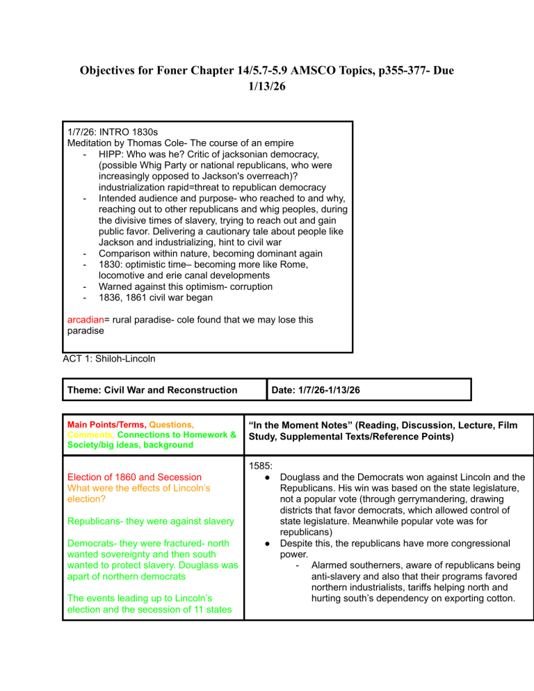Civil War & Reconstruction Study Guide