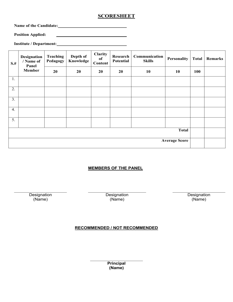 Candidate Interview Evaluation Score Sheet Template
