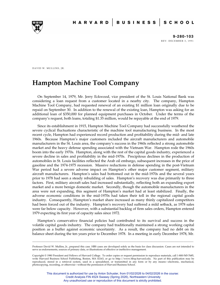 Hampton Machine Tool Company Case Study
