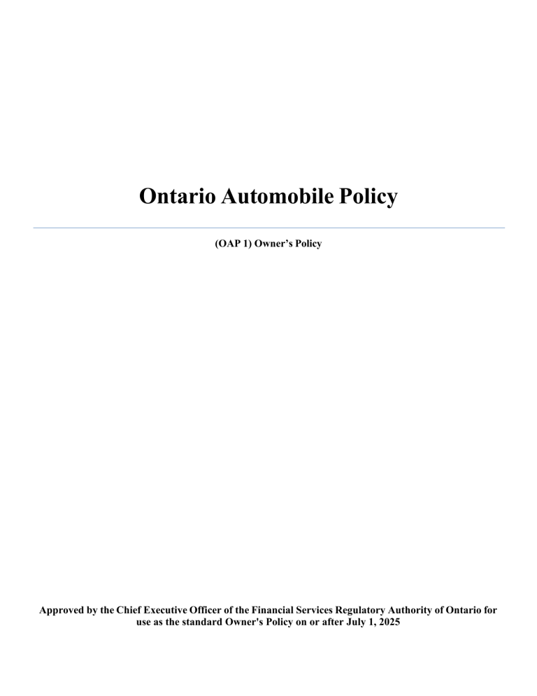 Ontario Automobile Policy (OAP 1) Owner's Policy 2025