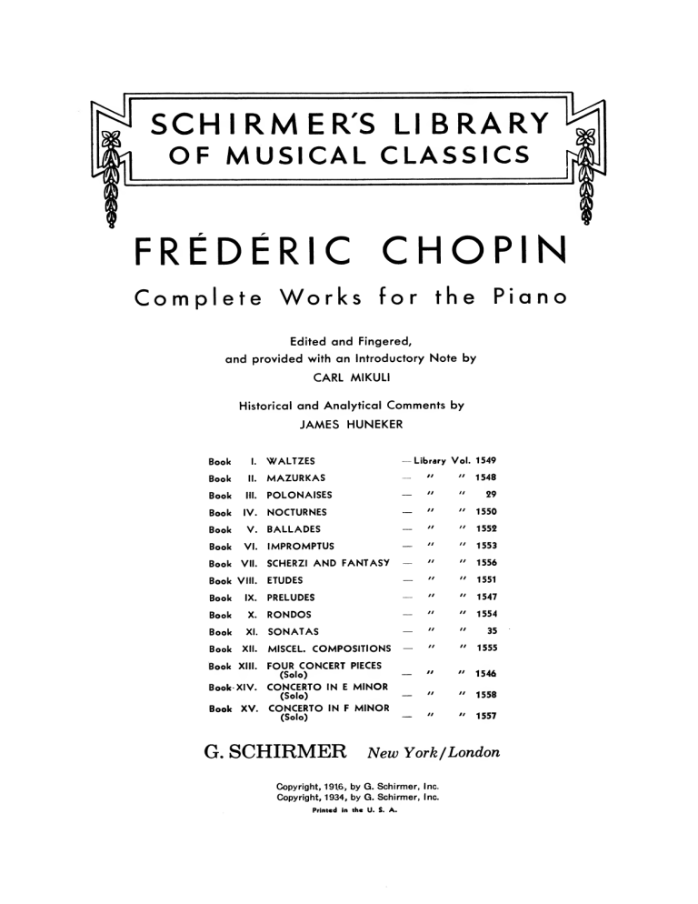 Chopin Complete Piano Works Schirmer Library