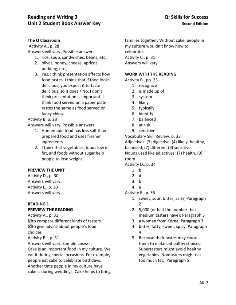 Reading and Writing 3 Unit 2 Answer Key