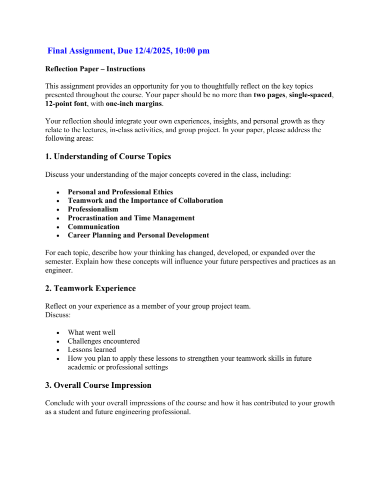 Reflection Paper Instructions for Engineering Course