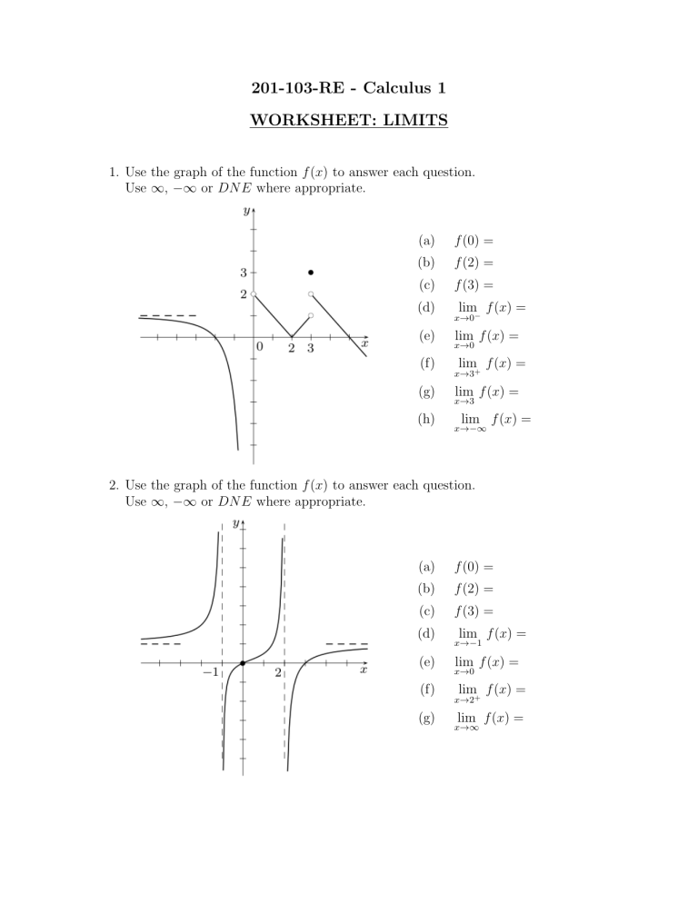Calculus 1 Limits Worksheet with Graphs and Problems