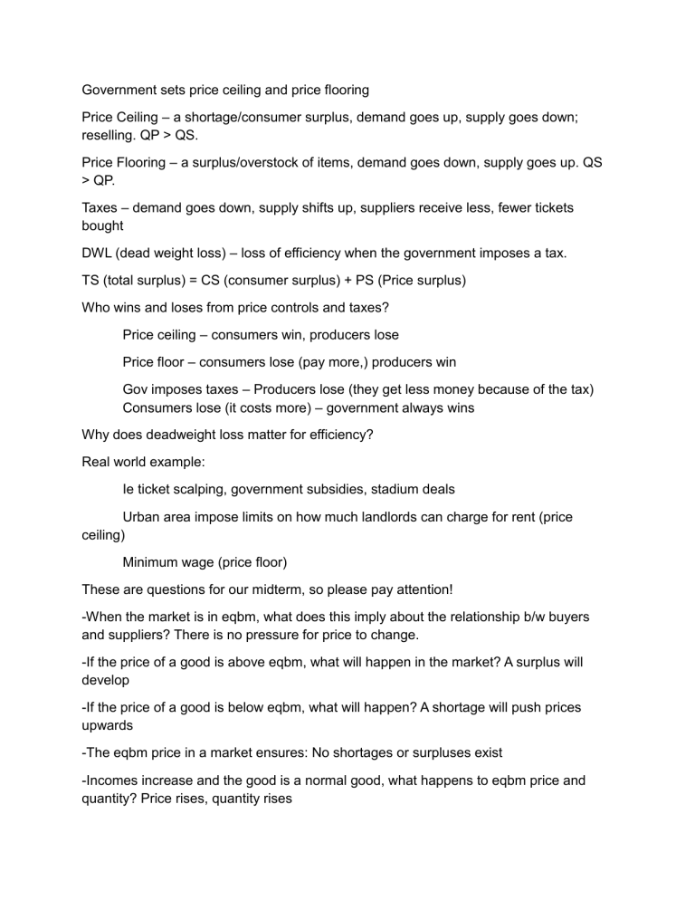 Government Price Controls & Taxes: Economics Study Guide