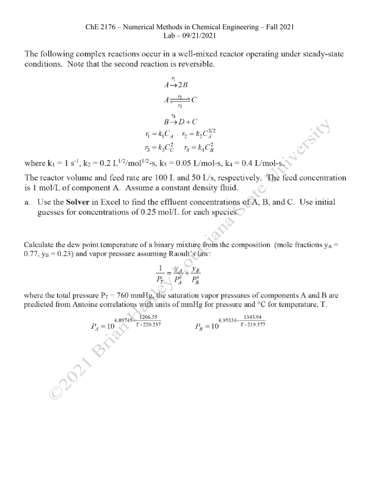 ChE 2176 Lab: Numerical Methods in Chemical Engineering