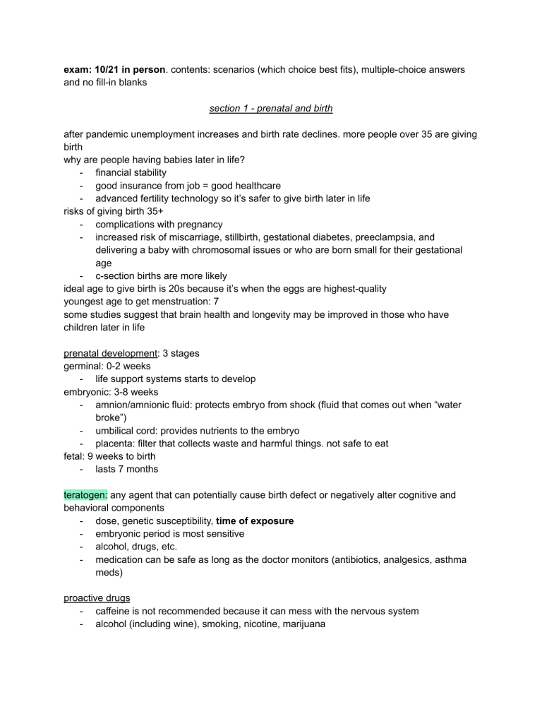 Human Development Study Guide: Prenatal to Postpartum