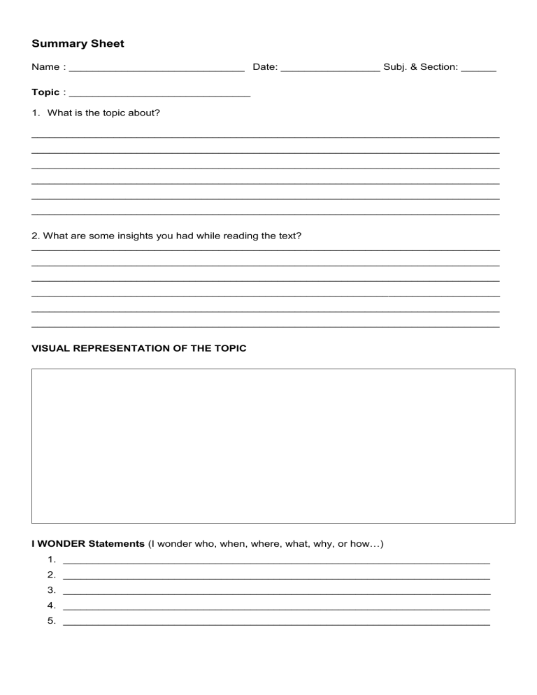 Summary Sheet Worksheet for Students