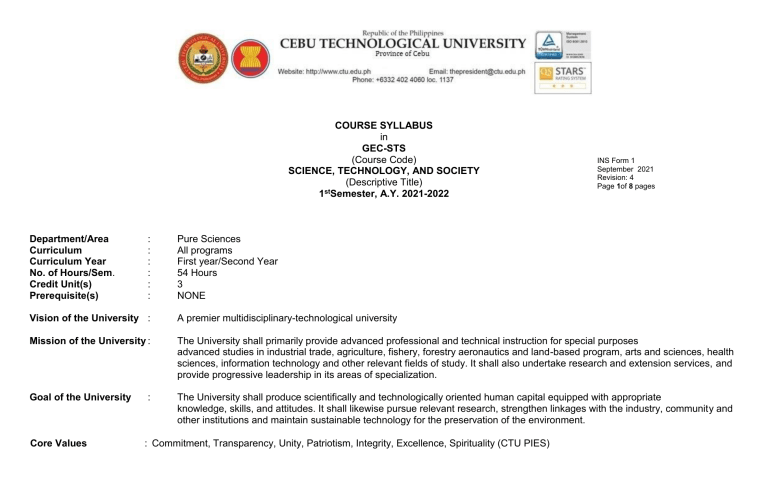GEC-STS Science, Technology, and Society Syllabus 2021-2022