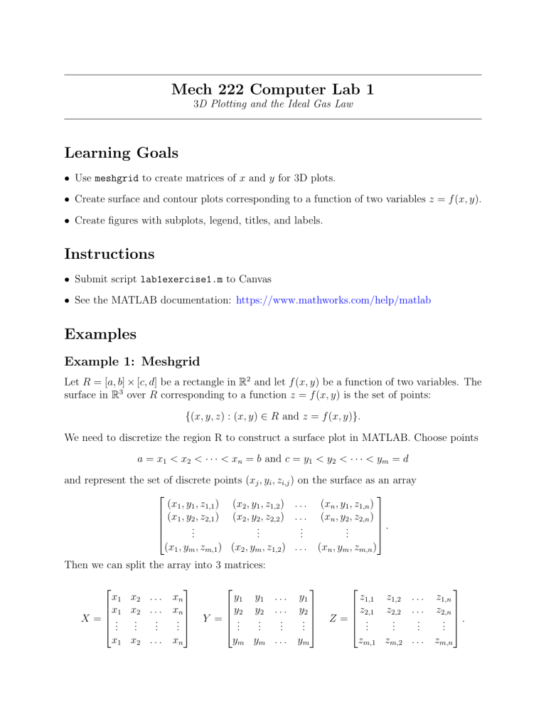 Mech 222 Lab 1: 3D Plotting & Ideal Gas Law in MATLAB
