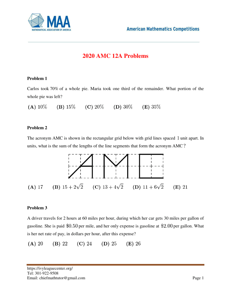 2020 AMC 12A Problems and Answer Key