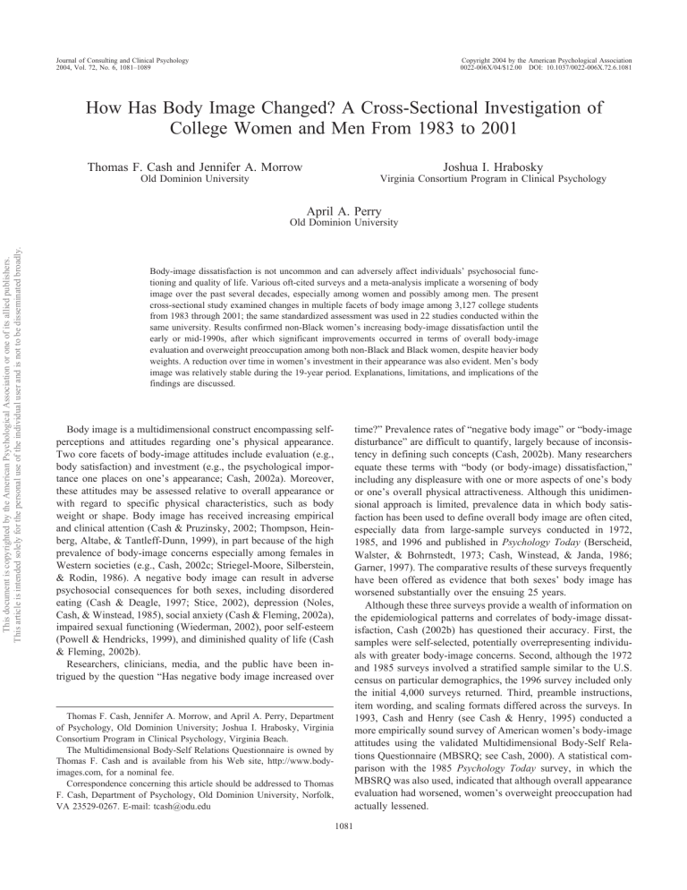 Body Image Changes in College Students: 1983-2001 Study