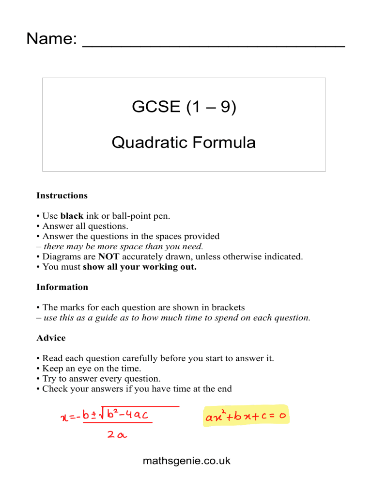 GCSE Quadratic Formula Worksheet