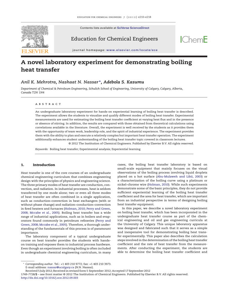 Boiling Heat Transfer Lab Experiment for Chemical Engineering