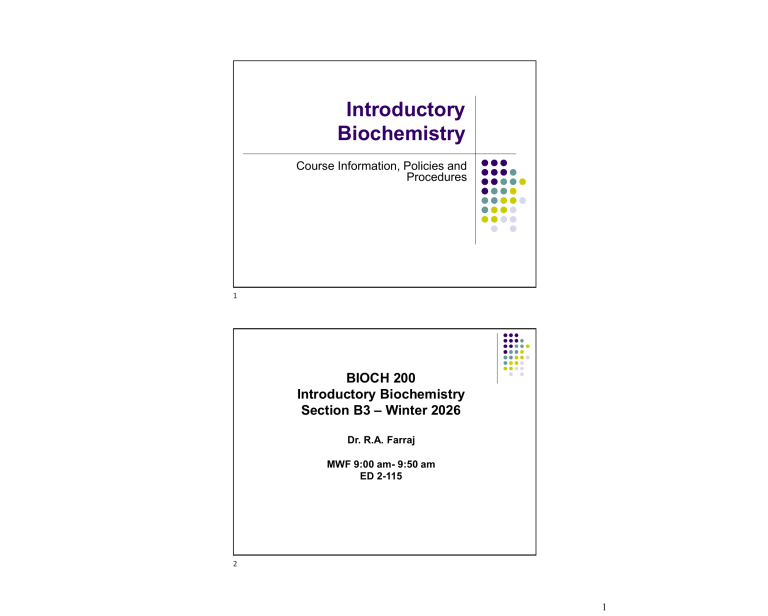Introductory Biochemistry Course Syllabus - BIOCH 200