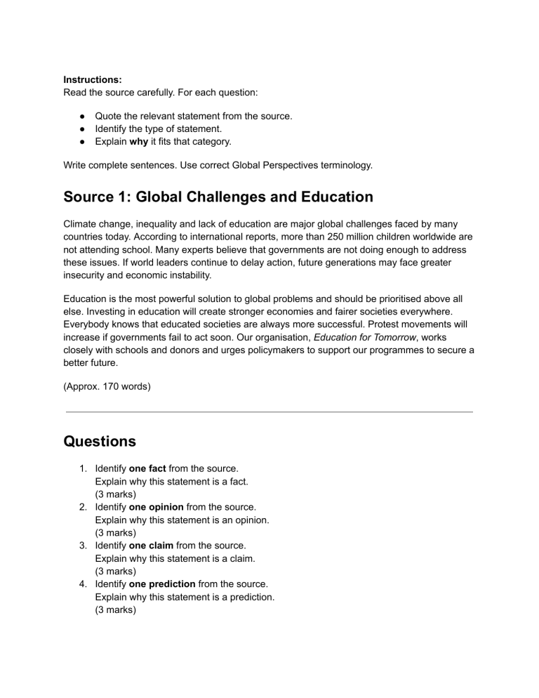 Global Challenges and Education Worksheet