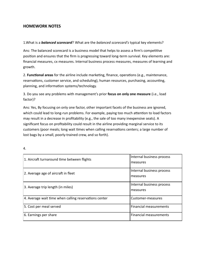 Managerial Accounting Homework Notes: Balanced Scorecard and Cost Analysis